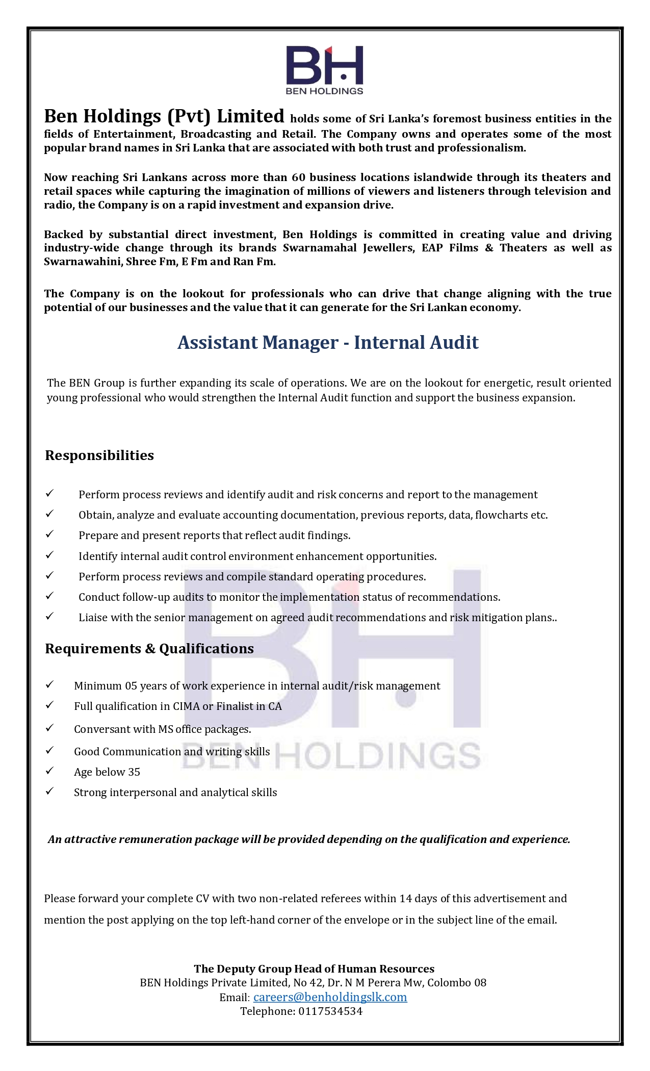 Careers – Ben Holdings (Private) Limited holds Sri Lanka’s famous ...